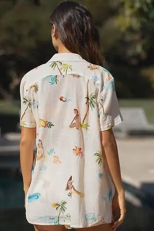 Seafolly Isla Palm Linen Blend Short-sleeve Buttondown Shirt
