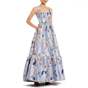 Mac Duggal Floral Brocade Scoop Neck A-line Gown - Blue Multi
