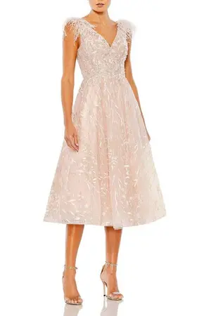 Mac Duggal Embroidered Feather Detail Midi Dress - Pink
