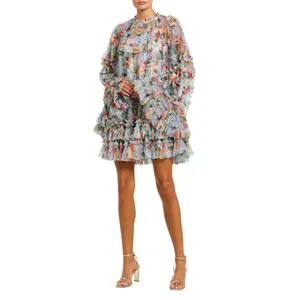 Mac Duggal Floral Ruffled Tiered Mini Dress - Blue Multi