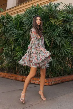 Mac Duggal Floral Ruffled Tiered Mini Dress - Blue Multi