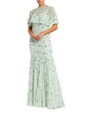 Mac Duggal Embellished Illusion Cape Sleeve Trumpet Gown - Sage
