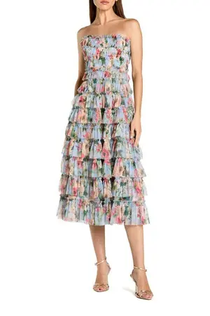 Mac Duggal Printed Mesh Strapless Midi Dress - Blue Multi
