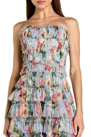 Mac Duggal Printed Mesh Strapless Midi Dress - Blue Multi