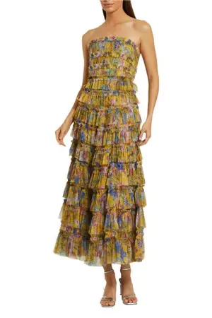 Mac Duggal Printed Mesh Strapless Midi Dress - Yellow Multi