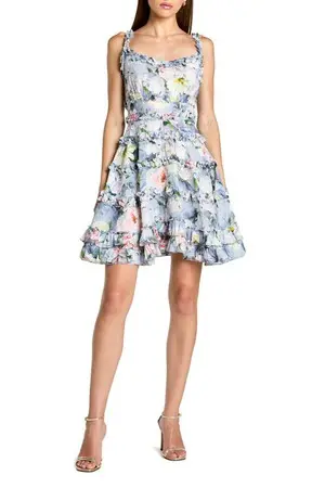 Mac Duggal Floral Square Neck Mini Dress - Platinum Multi