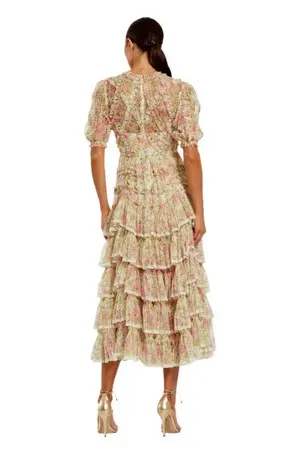 Mac Duggal Printed Mesh Midi Dress With Lace Accents