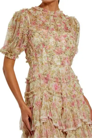 Mac Duggal Printed Mesh Midi Dress With Lace Accents