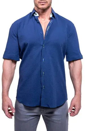 MACEOO Galileo Aristocrat Luxe Stretch Cotton Seersucker Short Sleeve Button-up Shirt - Blue