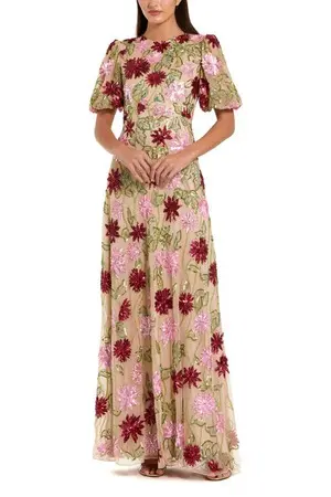 Mac Duggal Floral Embroidered Mesh Gown With Puff Sleeves