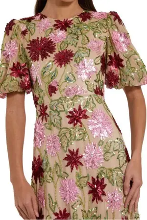 Mac Duggal Floral Embroidered Mesh Gown With Puff Sleeves