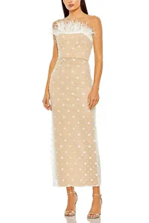 Mac Duggal Floral Embellished Mesh Gown With Feather Trim - Ivory Nude