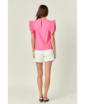 English Factory Ruffle Sleeve Poplin Top - Fuchsia