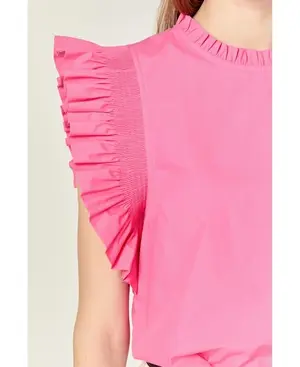 English Factory Ruffle Sleeve Poplin Top - Fuchsia