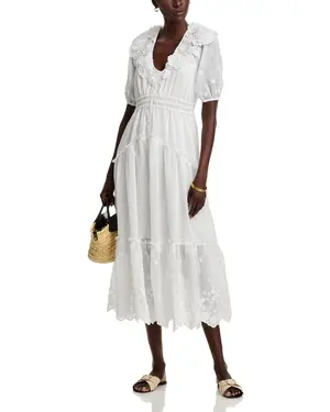 Aqua Embroidered Ruffle Short Sleeve Maxi Dress