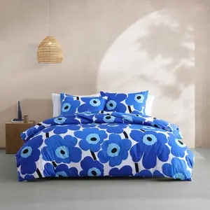 Marimekko Unikko 3 Piece Cotton Percale Duvet Cover Set, Full Queen - True Blue