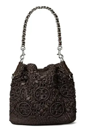 Tory Burch T Monogram Raffia Bucket Bag - Cocoa