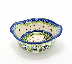 LIDIA'S POLISH POTTERY Hand Painted Baker Bowl W/ Handles - One-color