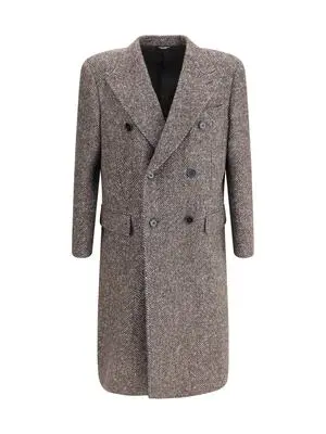 Dolce & Gabbana Double-Breasted Herringbone Fleece Wool Coat - Grey