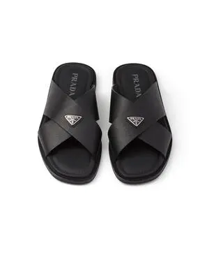 Prada Saffiano Leather Crisscross Slides - Black