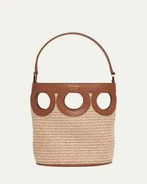 FERRAGAMO Gancini Frame Raffia Bucket Bag - Beige