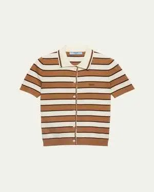 Prada Striped Short-Sleeve Polo Sweater - Cammello Naturale