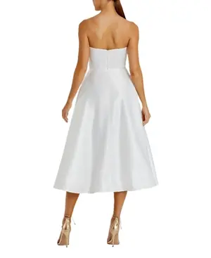 Mac Duggal Strapless Satin Midi Dress With Floral Print - Cream Multi