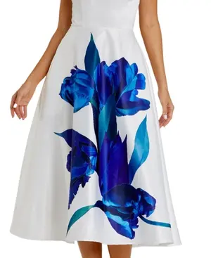 Mac Duggal Strapless Satin Midi Dress With Floral Print - Cream Multi