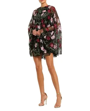 Mac Duggal Floral Beaded Mesh Shawl Mini Dress - Black Multi