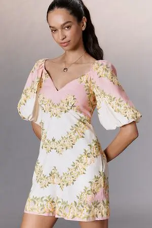 Farm Rio V-neck Puff-sleeve Linen Blend Romper