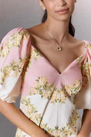 Farm Rio V-neck Puff-sleeve Linen Blend Romper