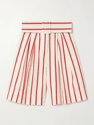 ROSIE ASSOULIN Belted Pleated Striped Herringbone Cotton-Blend Shorts