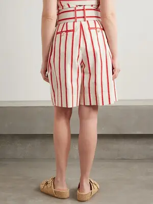 Rosie Assoulin Belted Pleated Striped Herringbone Cotton-blend Shorts - Red