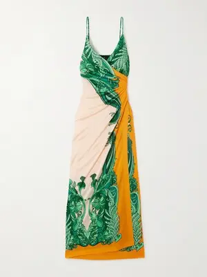 Etro Wrap-effect Gathered Printed Cady Maxi Dress - Green