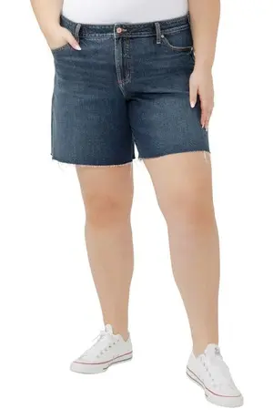 SILVER JEANS CO. Suki Curvy Raw Hem Mid Thigh Denim Shorts - Brooks
