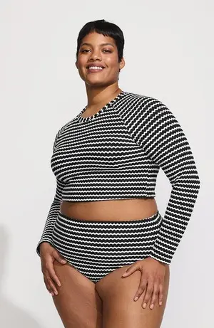 LANDS' END Crochet Long Sleeve Tankini And High Waisted Bikini Bottoms - Black/white