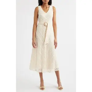 Anne Klein Embroidered Belted Sleeveless Midi Dress - Light Dune