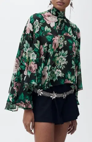Mango Floral Print Tie-neck Blouse