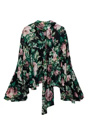 Mango Floral Print Tie-neck Blouse