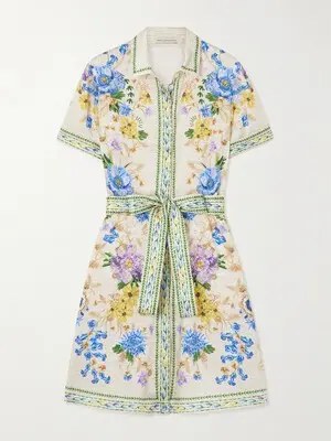 MARY KATRANTZOU Chima Belted Floral-print Twill Mini Shirt Dress - Cream