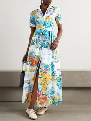 MARY KATRANTZOU Como Belted Cotton-poplin Maxi Dress - Blue