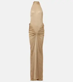 THE NEW ARRIVALS ILKYAZ OZEL Cass Ruched Halterneck Lamé Gown - Gold