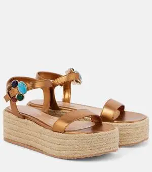 GIANVITO ROSSI Metallic Leather Platform Espadrilles - Brown