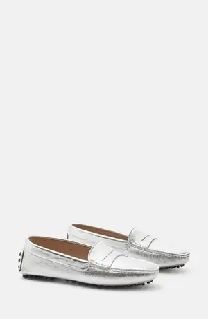 SCAROSSO Ashley Penny Driving Loafers - Silver - Calf