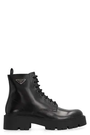 Prada Leather Lace-Up Boots - Black