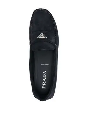 Prada Enamel Triangle Logo Suede Loafers