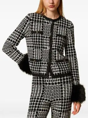 TWINSET Checked Knit Jacket With Faux Fur Cuffs - Neve Nero