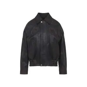 GOLDEN GOOSE Flower Embroidery Leather Jacket - Black