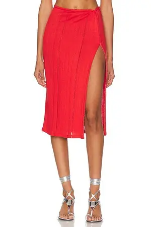 JADE CROPPER Ribbed Knit Midi Skirt With Slit Detail