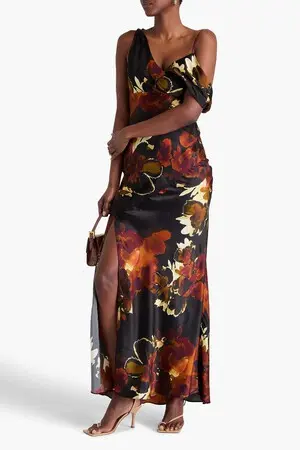 NICHOLAS Off-the-shoulder Floral-print Silk-blend Satin Maxi Dress